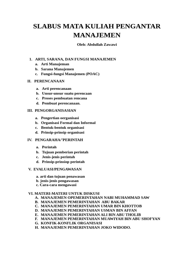 Silabus Mata Kuliah Pengantar Manajemen | PDF