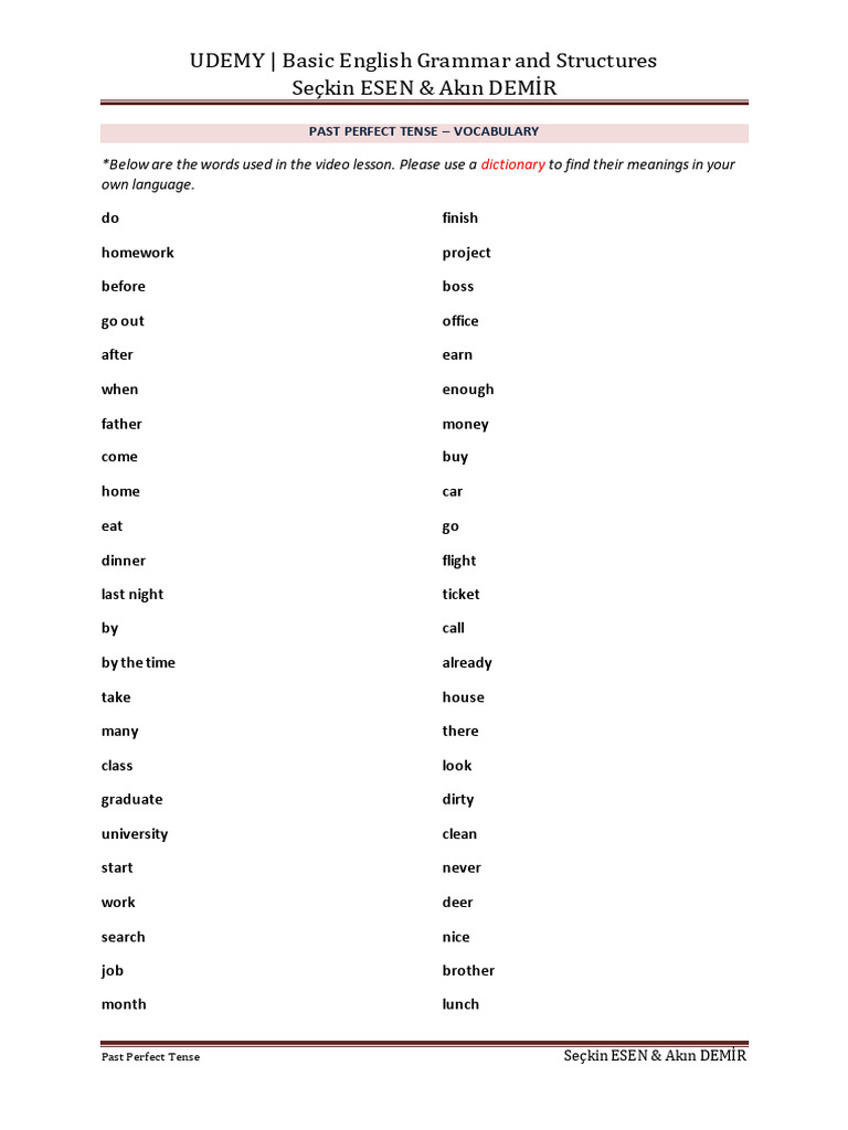 Past Perfect Tense Vocabulary Guide | PDF