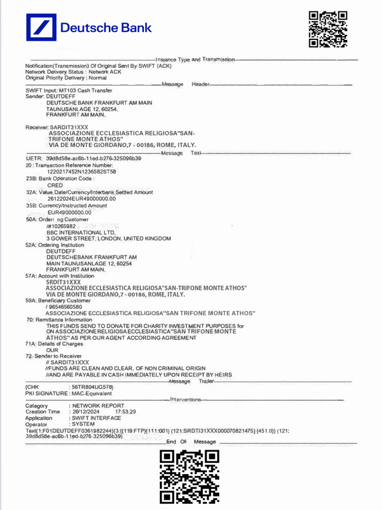 Deutsche Bank MT103 Transfer Receipt | PDF