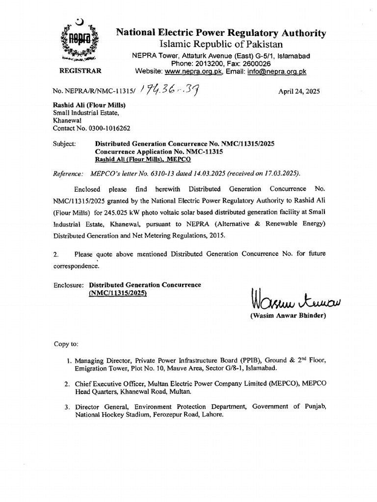 NMC-11315 NMC Rashid Ali Flour Mills MEPCO 24-04-25 17436-39 | PDF | Distributed Generation ...
