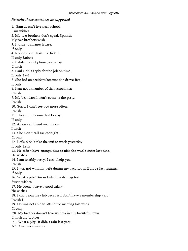 Exercises On Wishes and Regrets | PDF