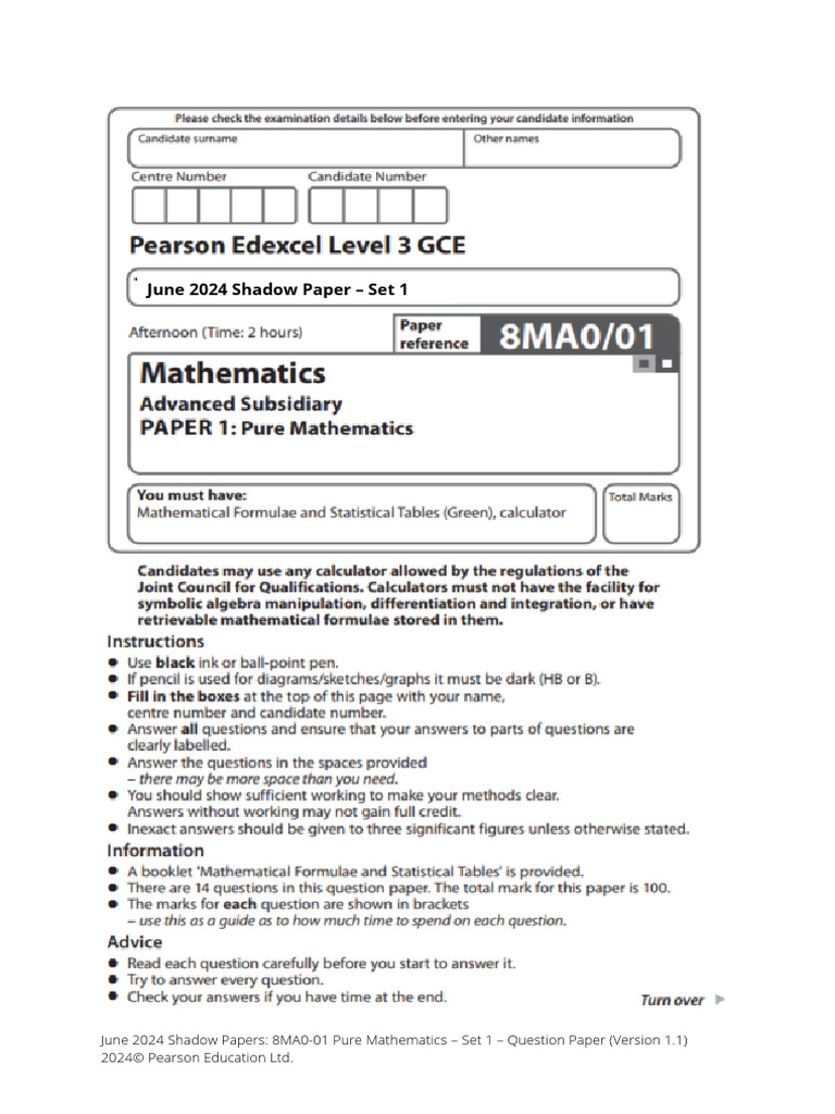 June 2024 Edexcel Pure Maths Shadow Paper | PDF | Equations | Numbers
