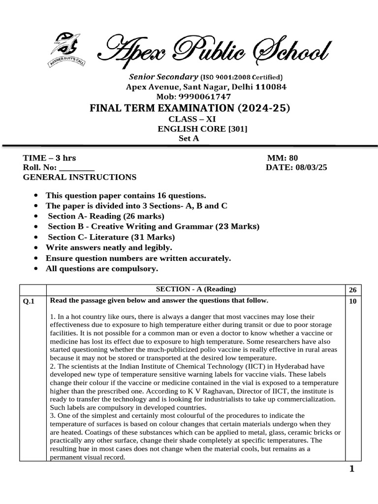 CLASS 11, ENG SET AA, FINAL | PDF | Stress (Biology) | Temperature