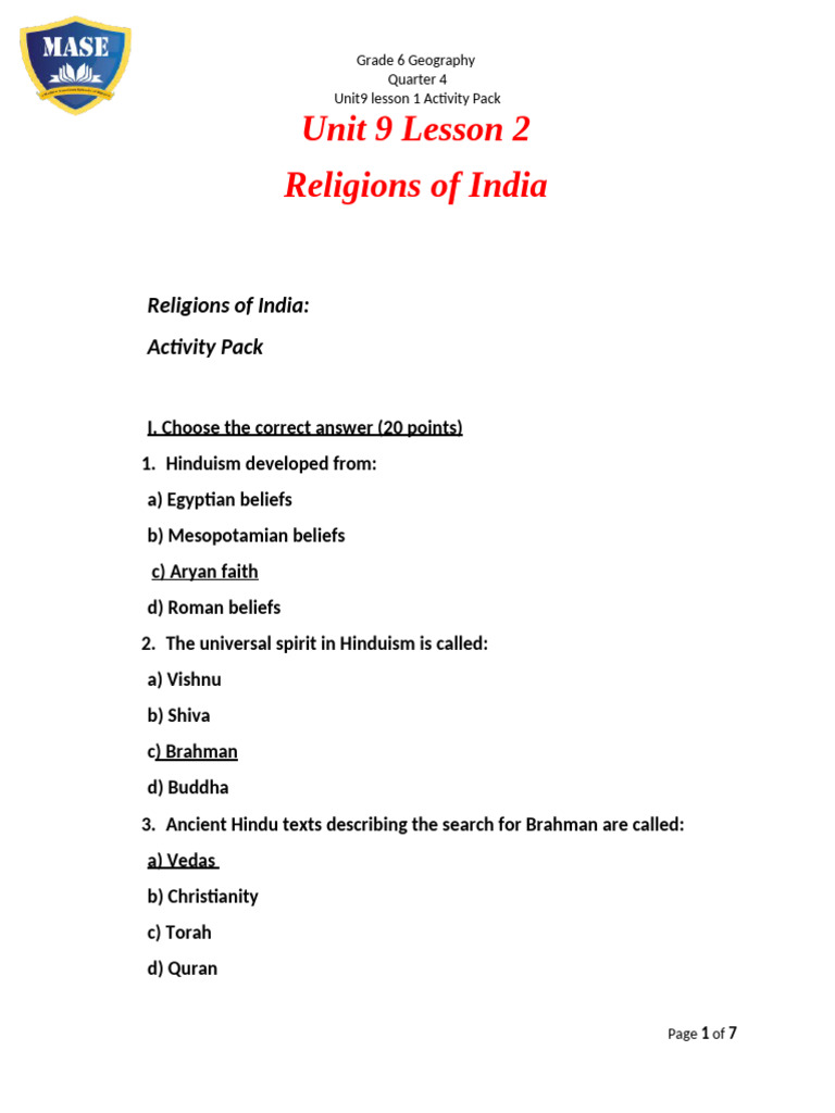 Q4 Unit 9 Lesson 2 Activity Pack-Model Answer | PDF | Four Noble Truths | Nirvana
