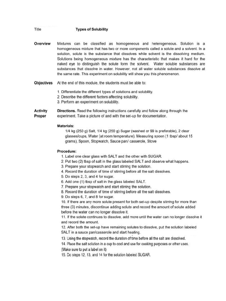 Experiment Types of Solubility | PDF