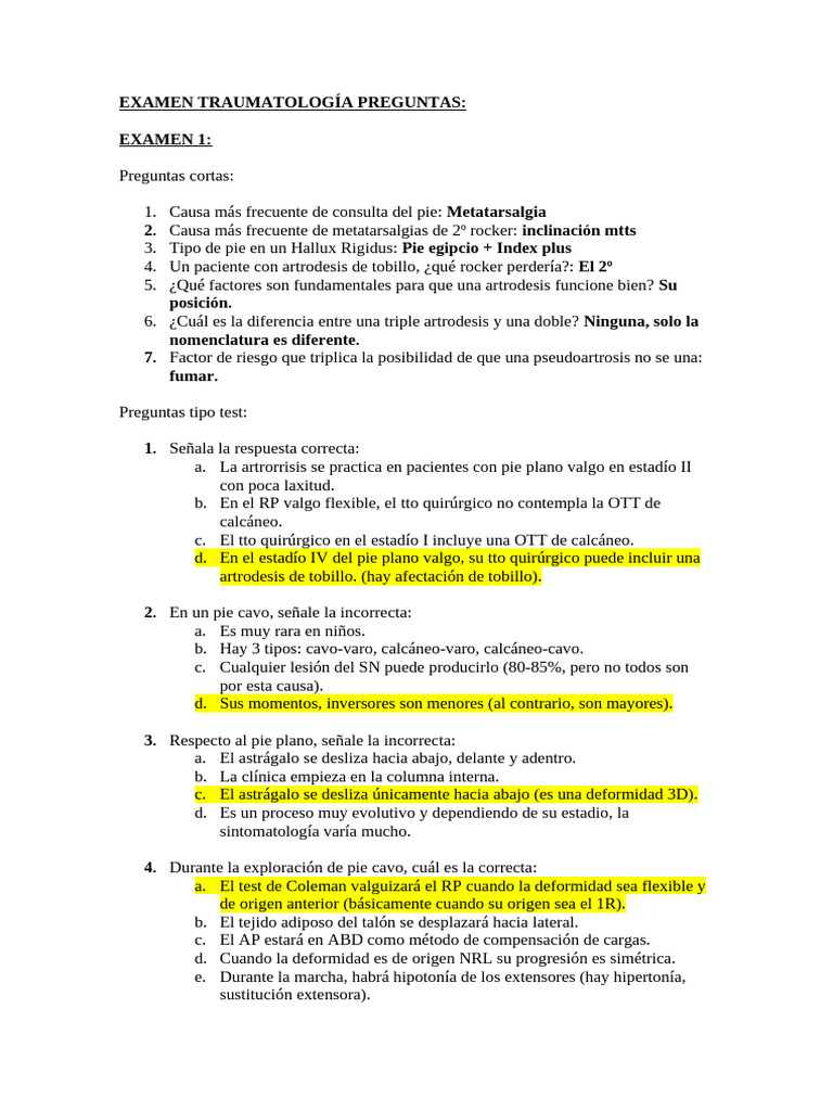 EXAMEN TRAUMATOLOGÍA PREGUNTAS | PDF | Tobillo | Pie