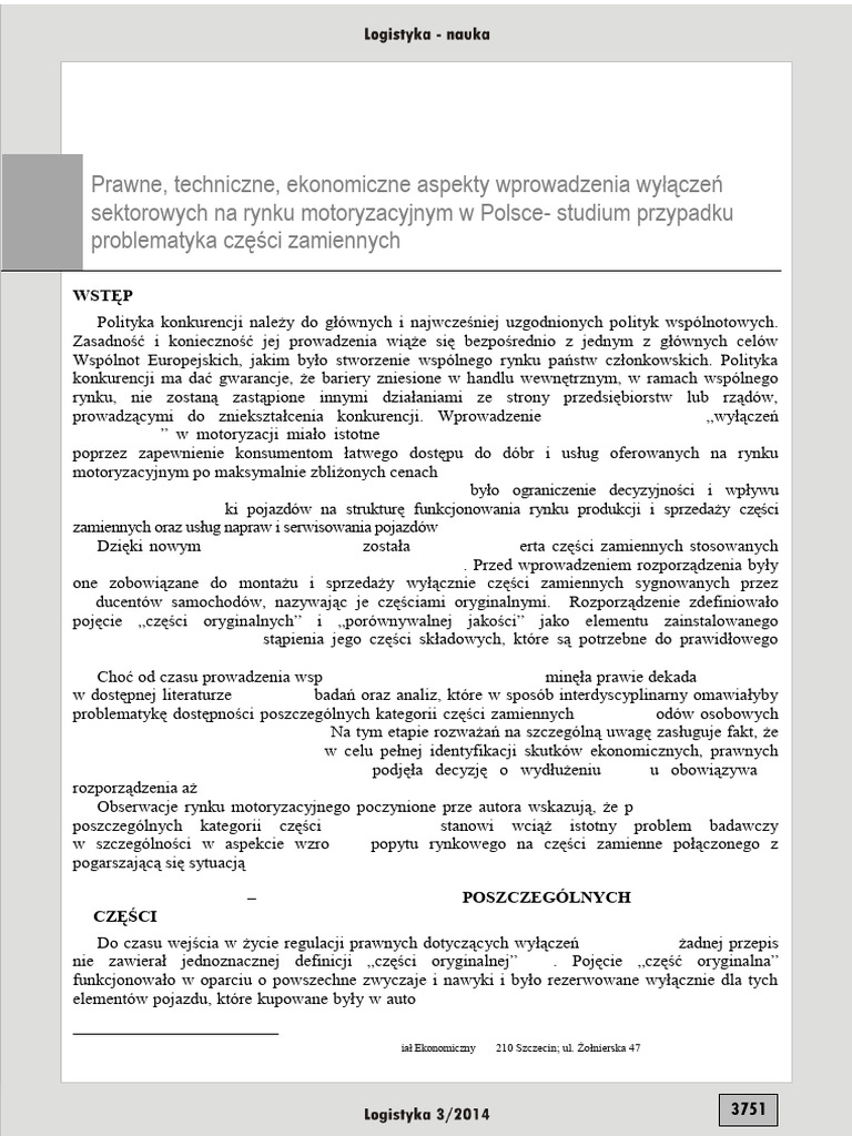 Aspekt Prawny Zasady Stosowania Poszczególnych Kategorii Części Zamiennych | PDF