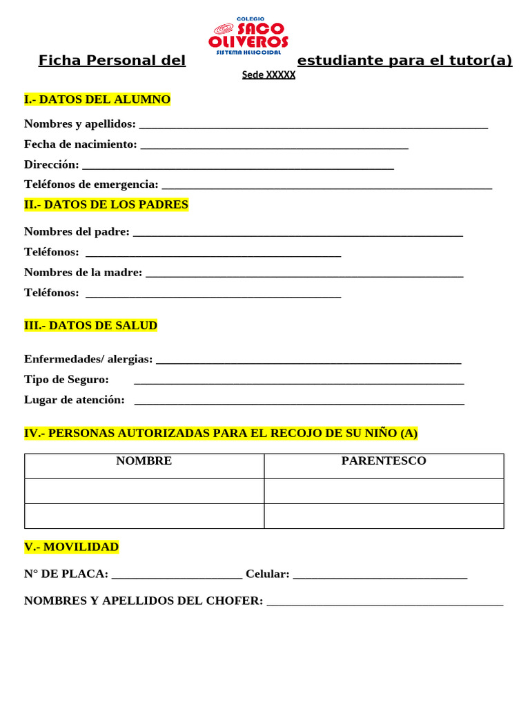 Ficha Personal del Estudiante para Tutor | PDF