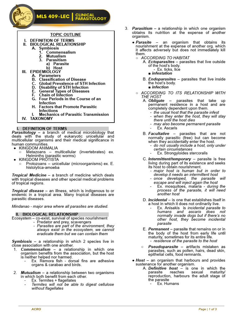 Parasitology - Lec _ Intro to Medical Parasitology | PDF | Parasitism | Infection