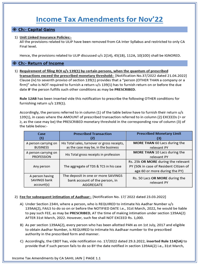 Income Tax Amendment by CA Sahil Jain Sir | PDF | Value Added Tax | Taxes