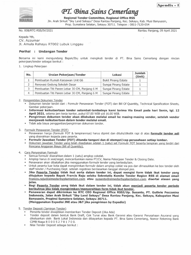 CV Karya Utama Undangan Tender PT BSC | PDF