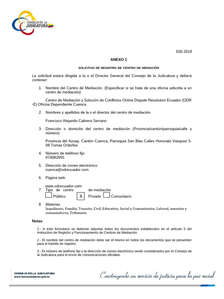 Solicitud Registro de Centros de Mediacion Anexo 1 | PDF