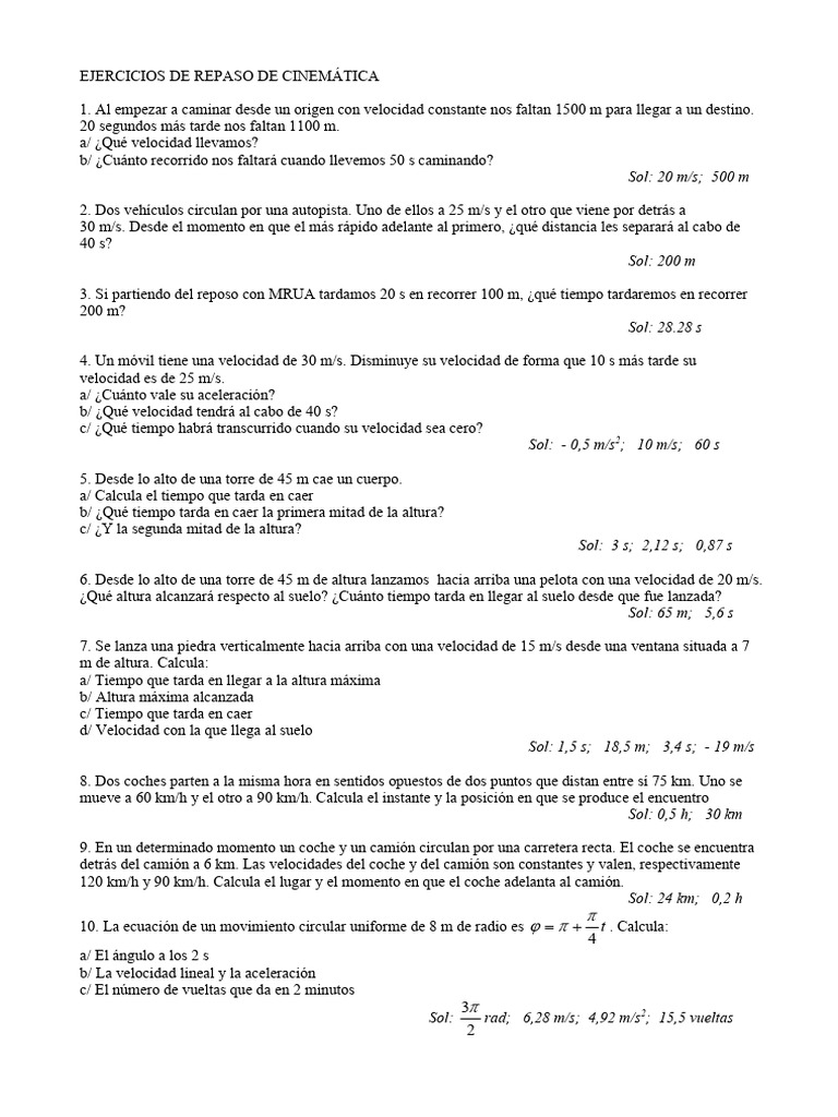 EJERCICIOS DE REPASO DE CINEMÁTICA | PDF | Velocidad | Cinemática
