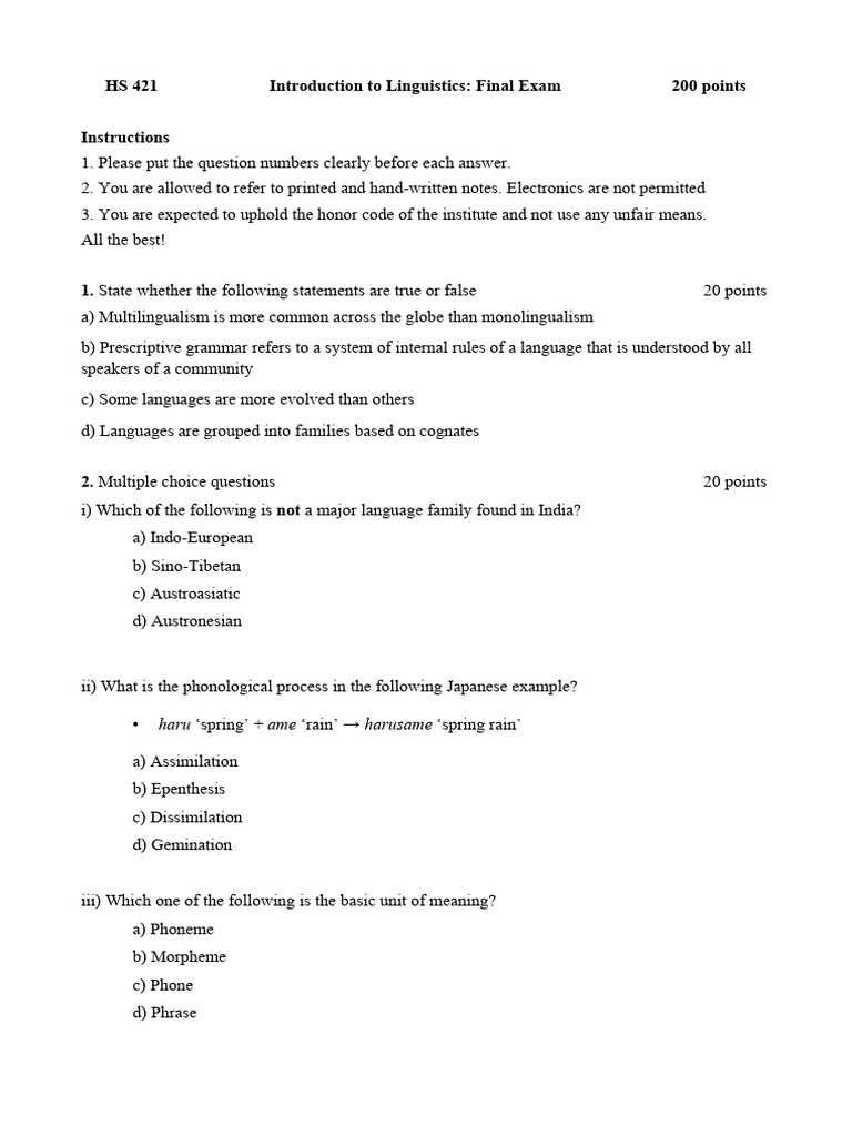 Final Exam Question Paper | PDF | Phoneme | Linguistics