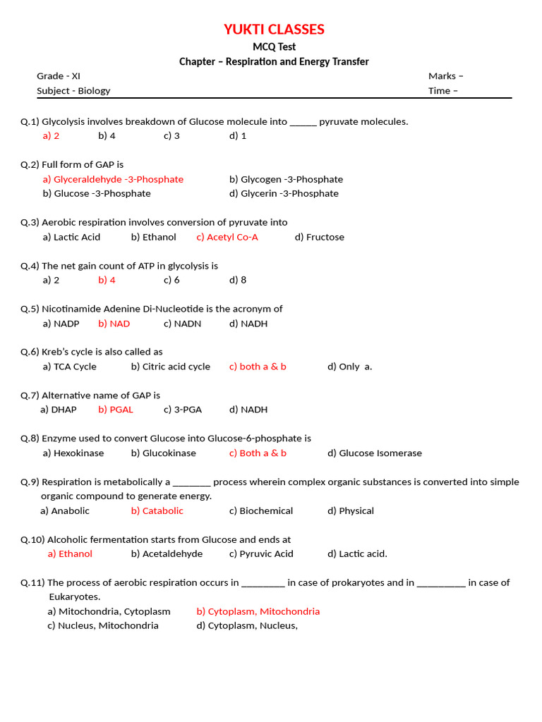 Grade 11 Answer key (Respiration) | PDF | Cellular Respiration | Glycolysis