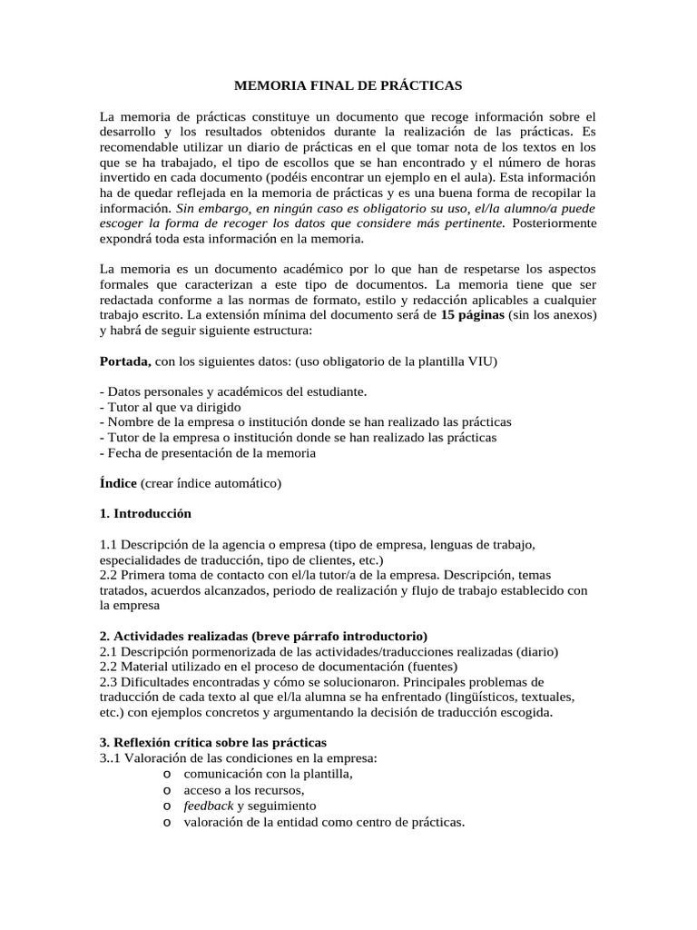 Estructura Memoria Final de Prácticas - Máster | PDF | Traducciones