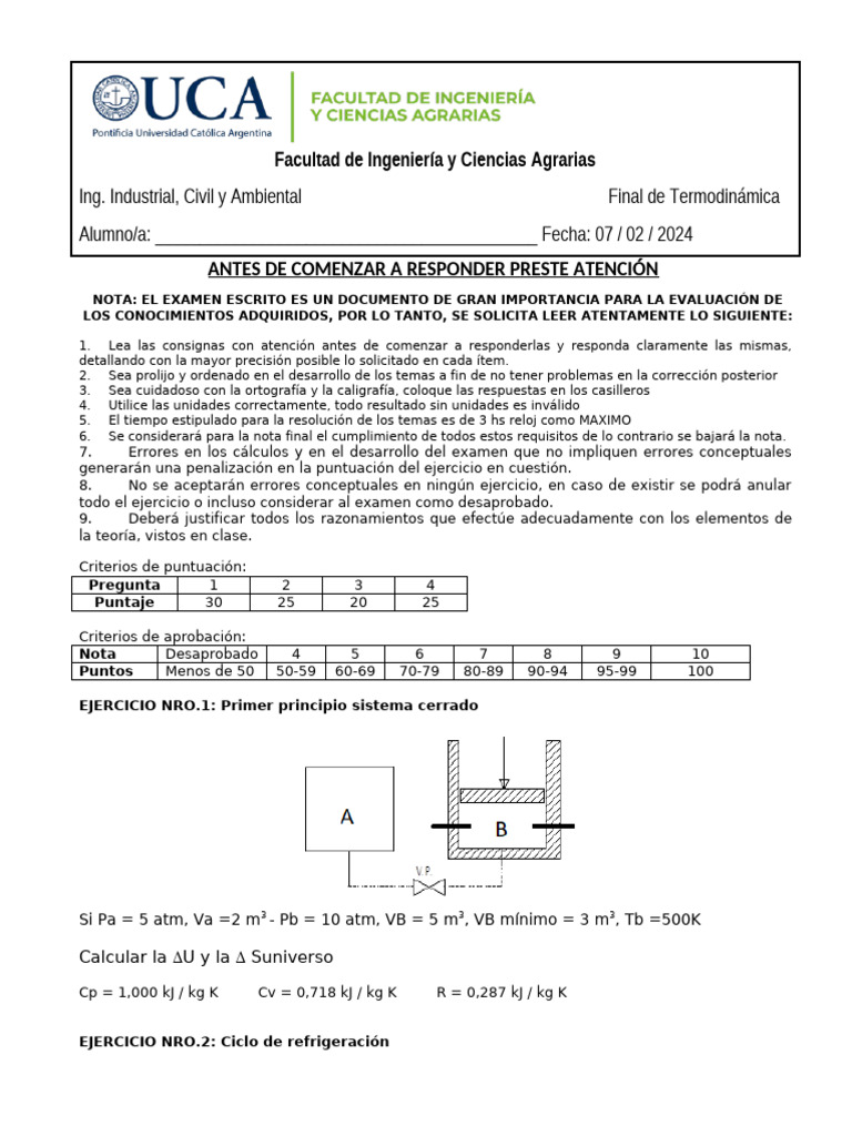 Examen Final Termo UCA 07022024 Febrero TEMA 1 | PDF | Refrigeración | Humedad