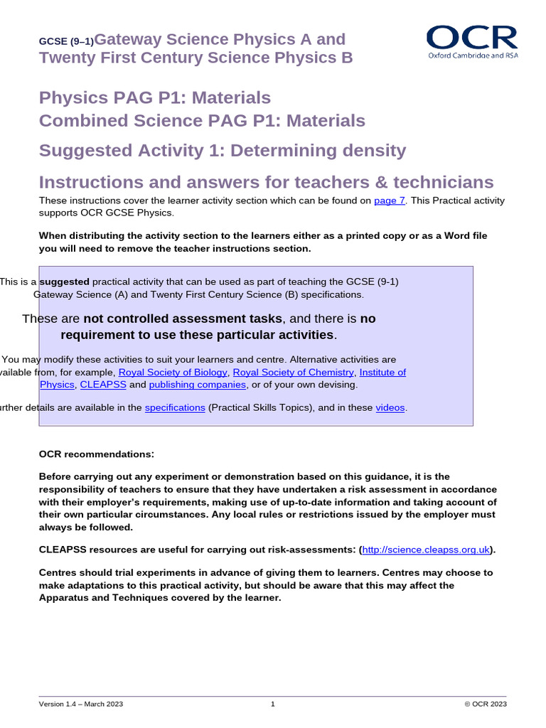 293854 Pag Activity Physics Materials Suggestion 1 | PDF | Density | Volume