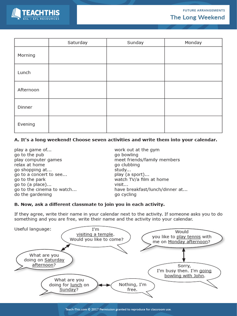 ESL/EFL Long Weekend Activity Planner | PDF | Cuisine | Meal