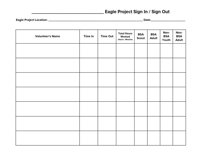 Eagle Project Sign in Sign Out Sheet Fillable | PDF