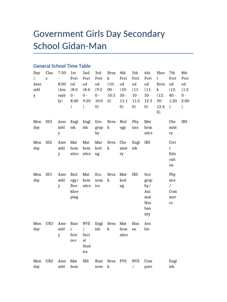 Updated School Timetable | PDF