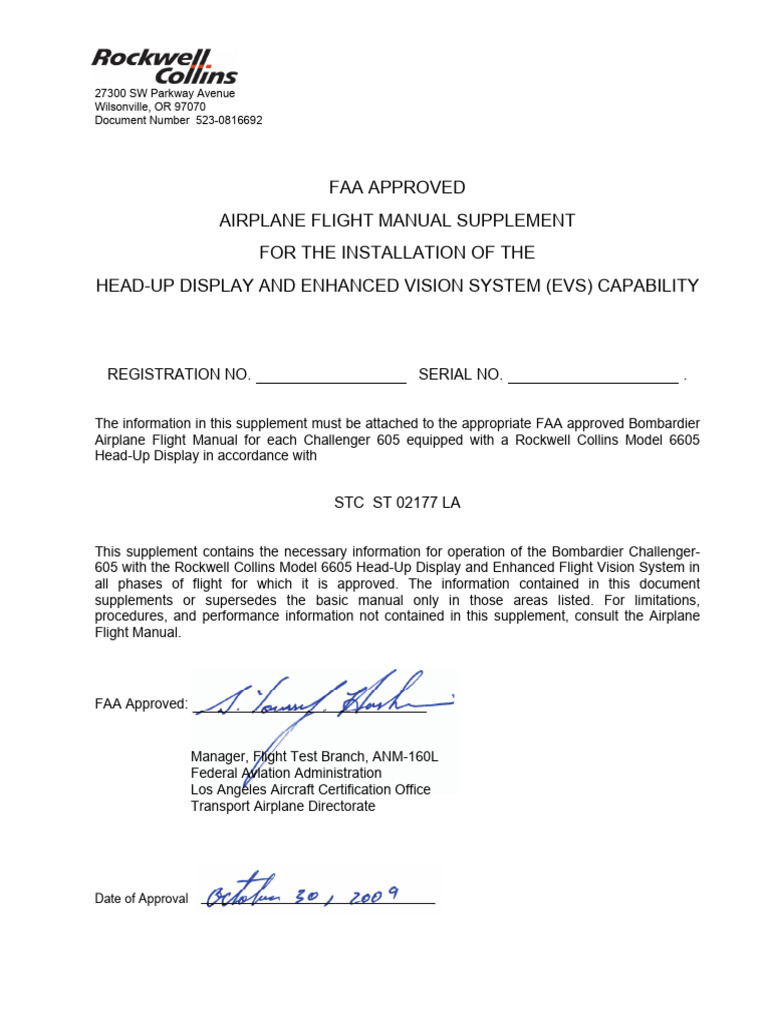 605 - AFM - STC - HUD-EVS - (RC 5230816692) Oct09 | PDF | Transport ...