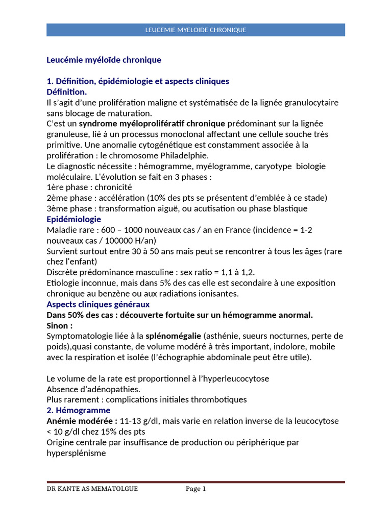 Leucémie Myéloïde Chronique : Définition et Phases | PDF | Maladies et ...
