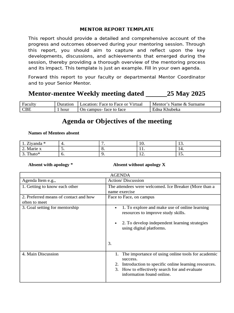 Mentor Report Template for Meetings | PDF | Mentorship | Education Theory