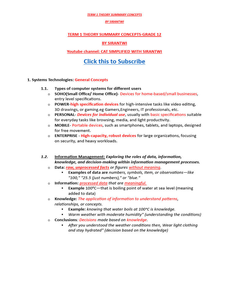 Term 1 Theory Summary Concepts - Grade 12 by Sirantwi | PDF | Solid State Drive | Touchscreen