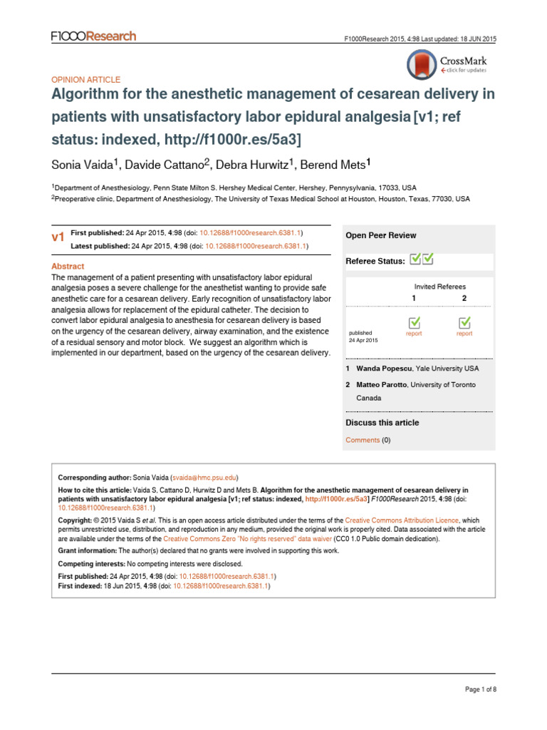 Anesthetic Management of LSCS in Patients With Unsatisfactory Labor ...