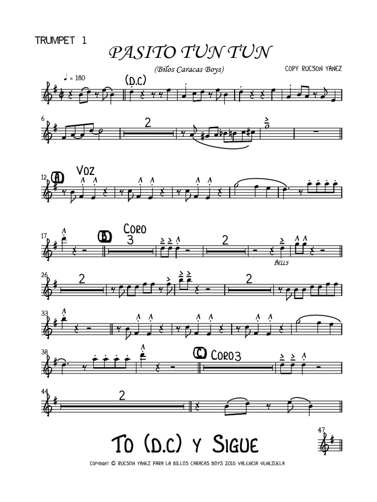 PASITO TUN TUN (BILLOS CARACAS BOYS) Trumpet 1 | PDF