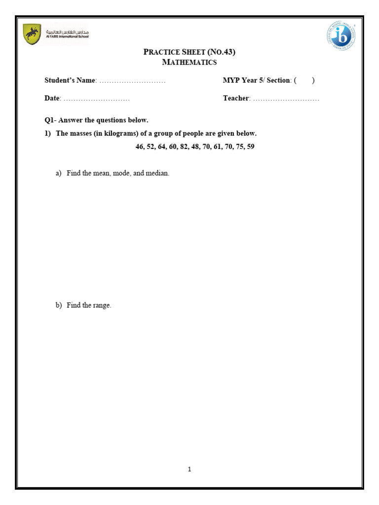 Y5 Mathematics Practice Sheet 43 | PDF
