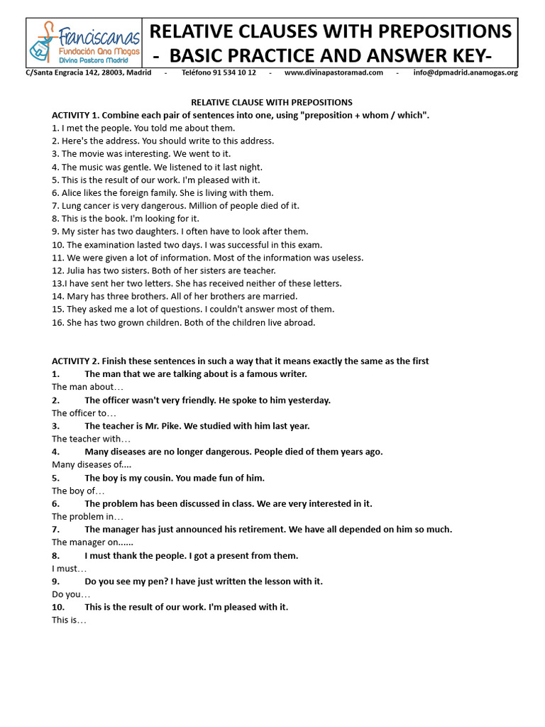Exercises on Relative Clauses with Prepositions | PDF | Grammar ...
