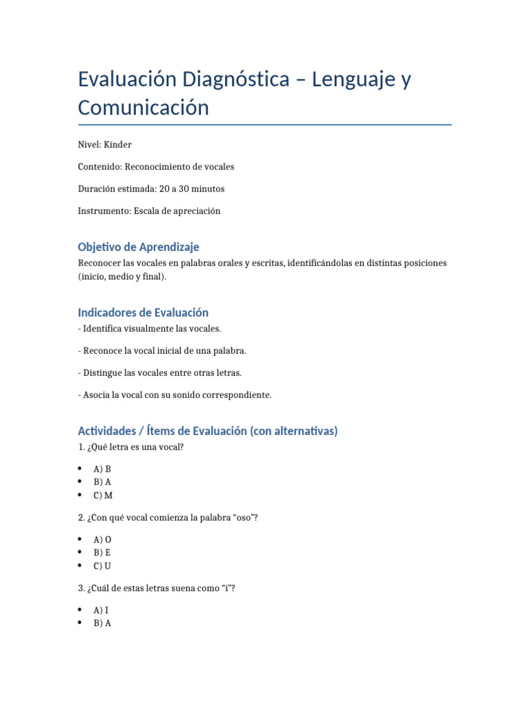 Evaluación Diagnóstica Lenguaje Kinder Pdf 6119
