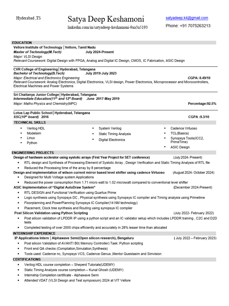 VLSI Design Engineer Resume - Hyderabad | PDF | Logic Synthesis | Hardware Description Language