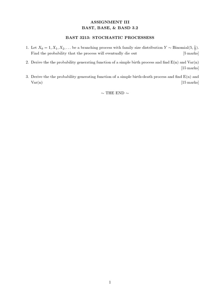 BSTA 3213 Stochastic Processes - Assignment III | PDF