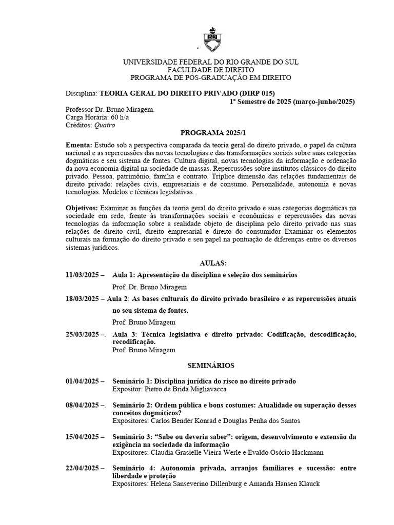 Plano Teoria Geral Do Direito Privado PPGD 2025-1 | PDF | Direito Privado | São Paulo