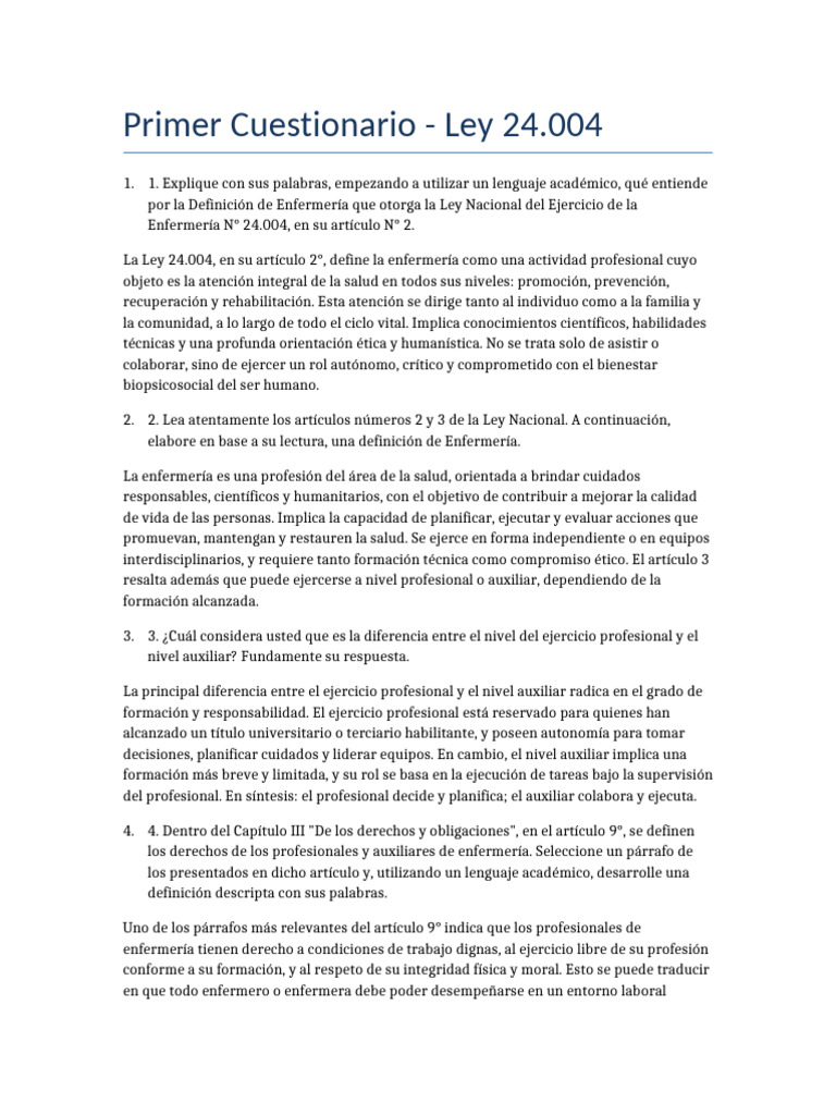 Cuestionario Ley 24004 | PDF | Enfermería