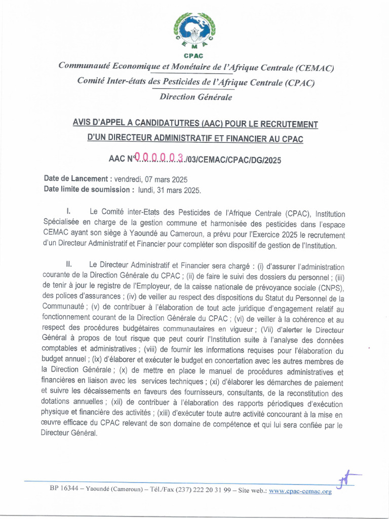 Appel à Candidatures Pour Recrutement d'Un Directeur Administratif Et ...