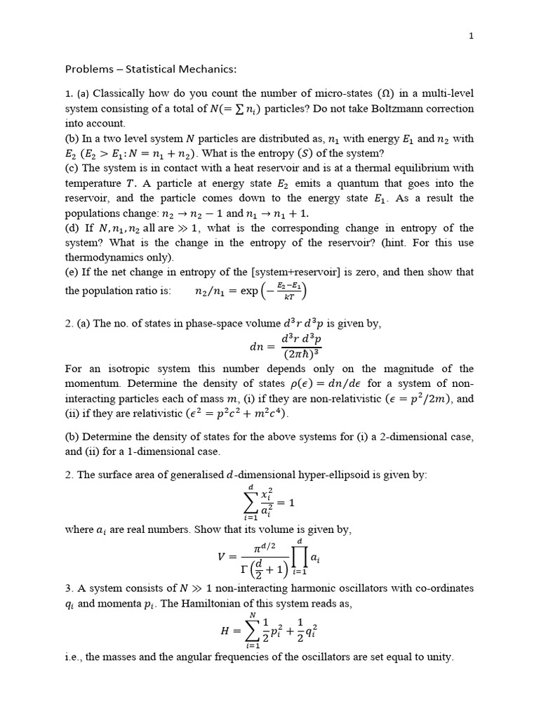 Stat-Mech-Problem Sheet 1 | PDF | Temperature | Entropy