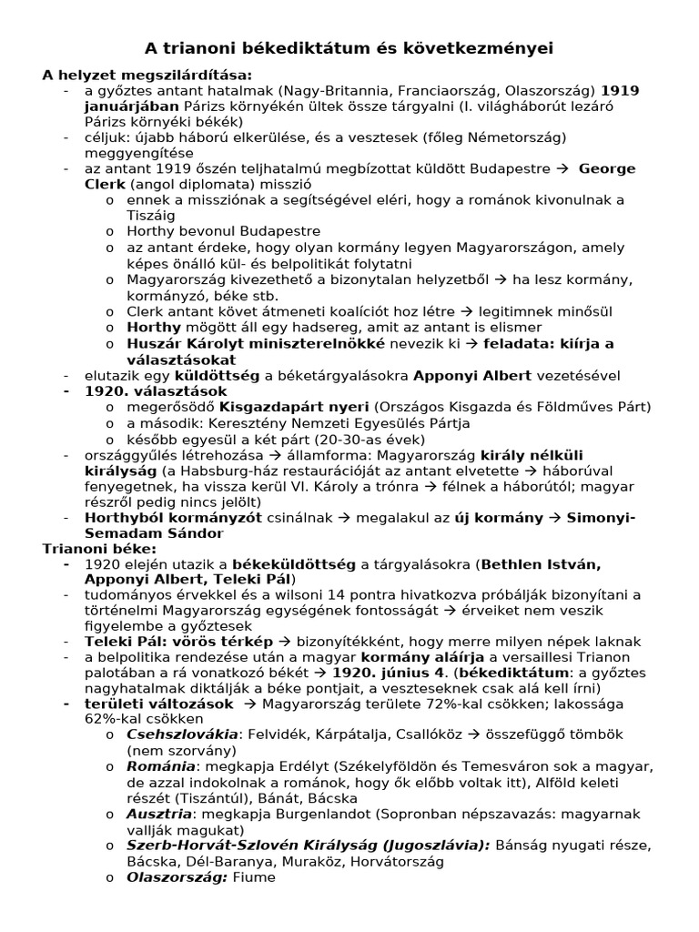 A Trianoni Békediktátum És Következményei | PDF