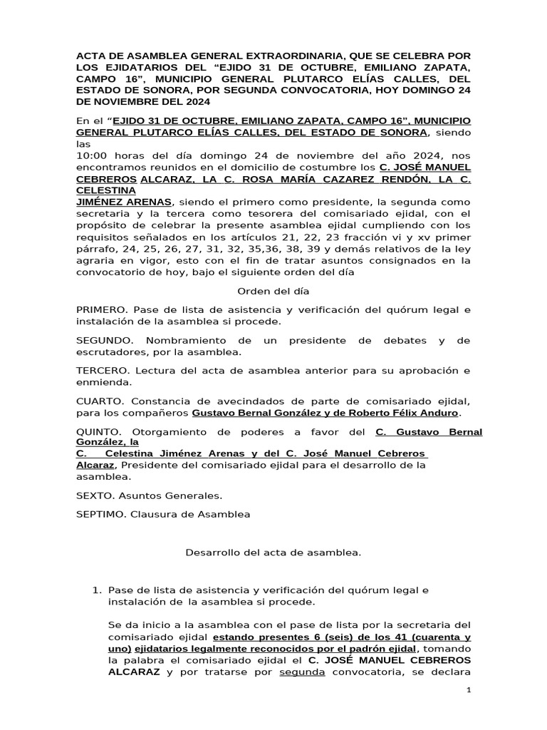 Acta Asamblea Ejidal 31 de Octubre 2024 | PDF | Instrumento negociable ...