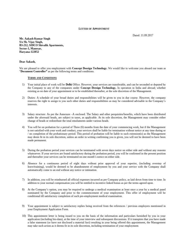 Appointment Letter Aakash | PDF | Employment | Private Law