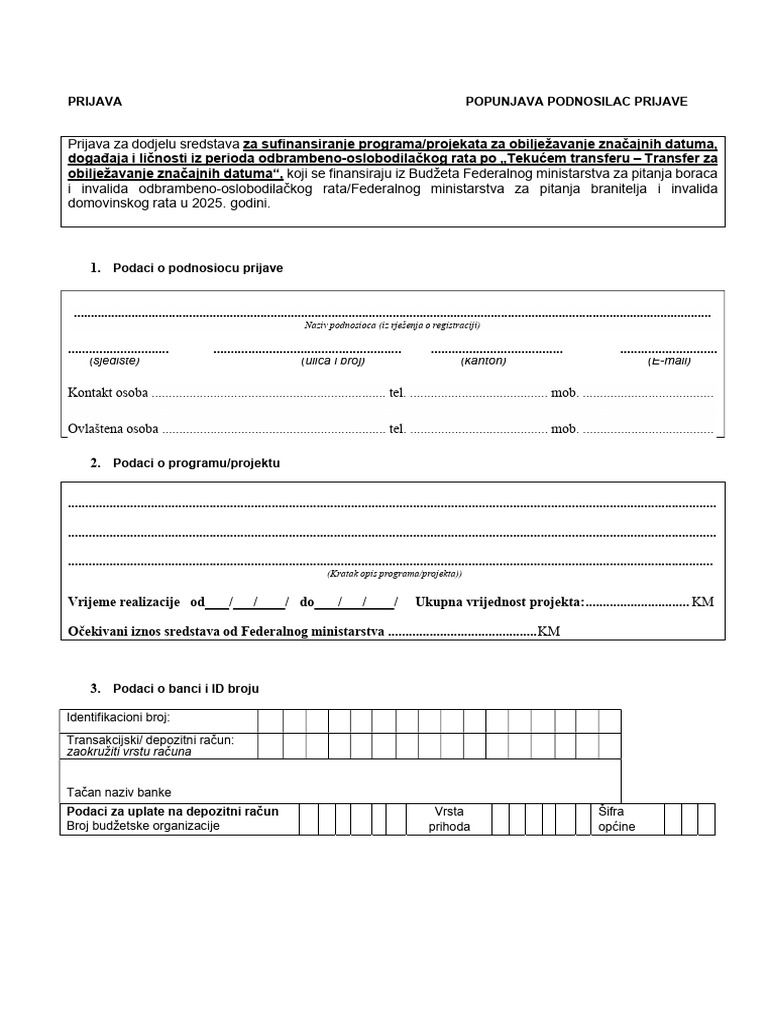 Obrazac Prijave Znacajni Datumi Bosanski Jezik | PDF