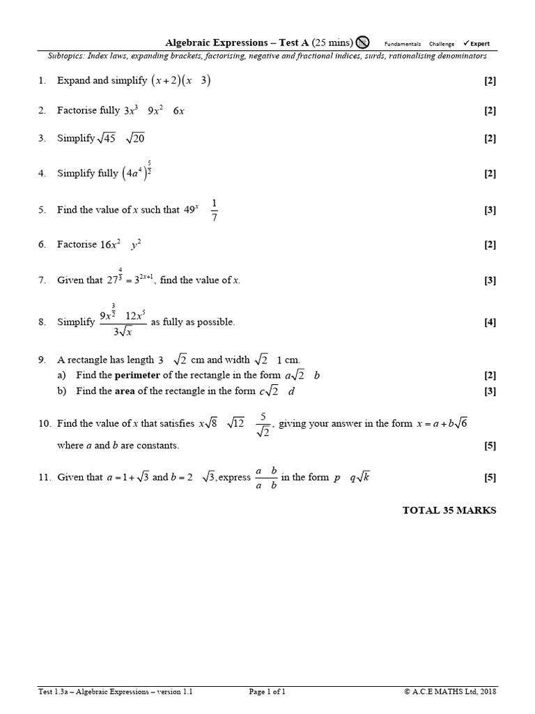 Test 1.3a - Algebraic Expressions | PDF | Mathematics | Algebra