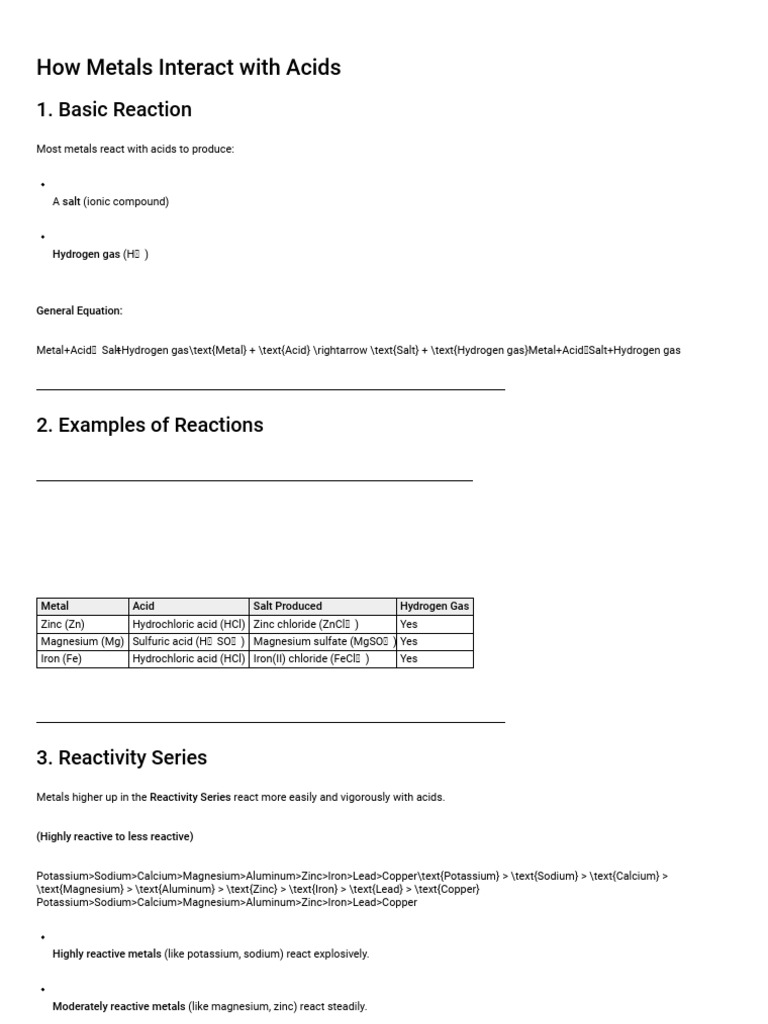 Metals and Their Reactions with Acids | PDF