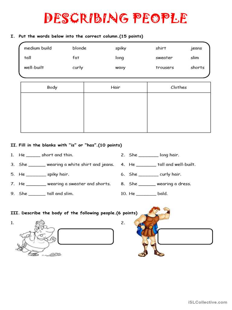 Describing people (body, hair, clothes) revision worksheet | PDF
