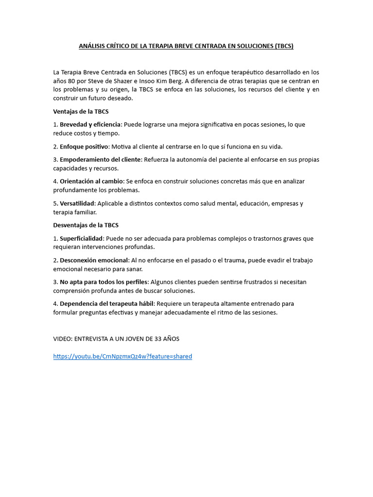 Análisis Crítico de La Terapia Breve Centrada en Soluciones TBCS S3 | PDF