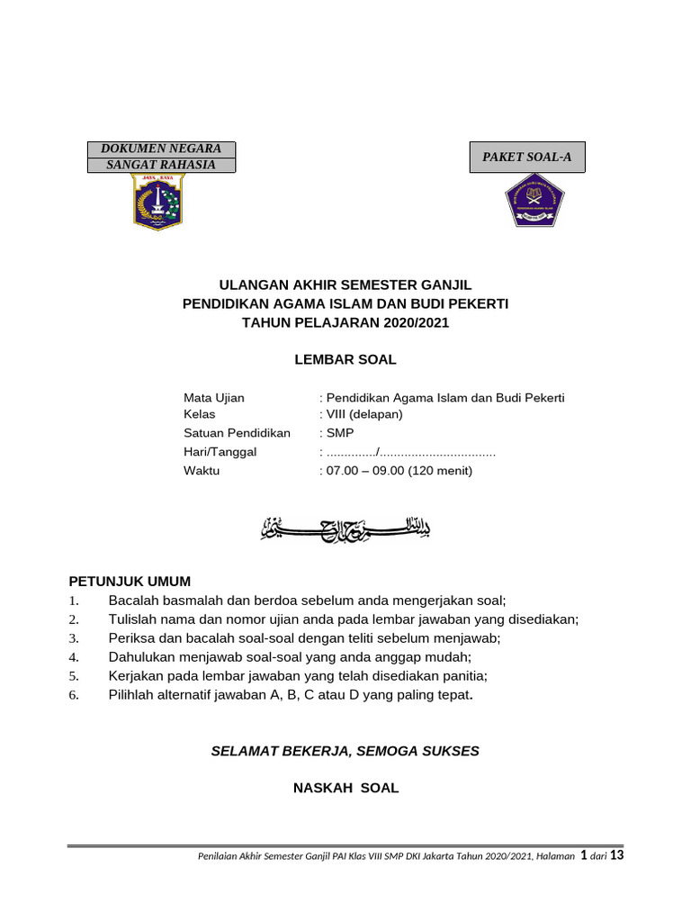 Soal Pas Kelas 8 Tp. 2020 2021 | PDF