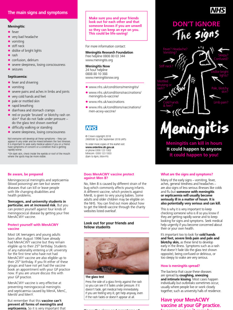 Don T Ignore The Signs of Meningitis Leaflet | PDF | Meningitis | Medical Specialties